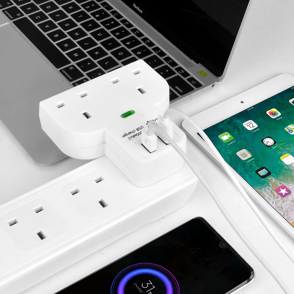 2-way Surge Protector Switch Extension Adapter Plug 2 USB Port