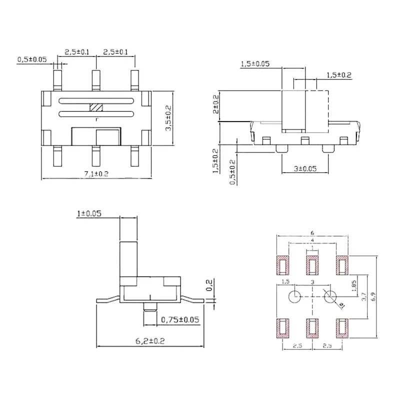 MSS22C02 SMD 2P2T Micro Slide Switch - 2 Position, 10000 Cycles