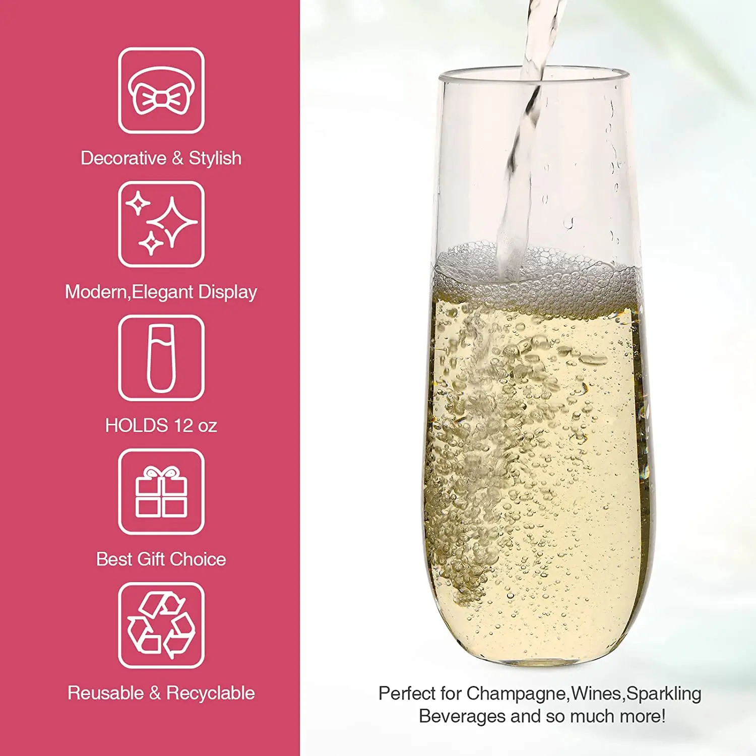 Tritan Plastic Champagne Flutes 12 Oz Stemless Unbreakable Clear ...