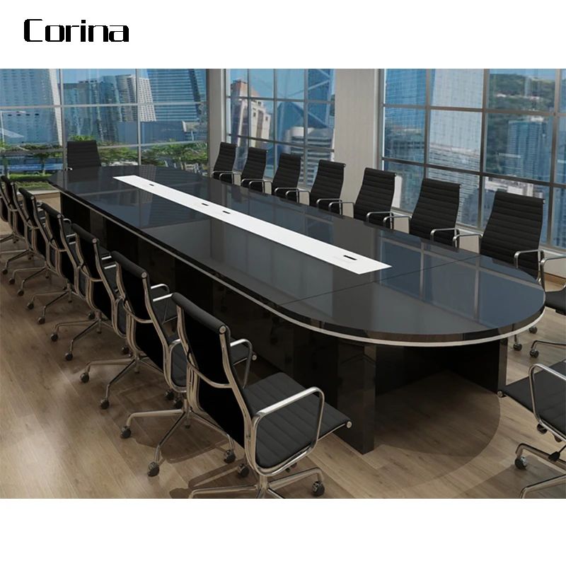 Customized Long Oval Black Meeting Conference Table for 16 People