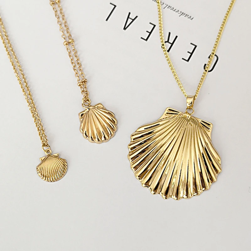 3 Sizes Gold Shell Necklace Fan Shape Pendant Necklaces For Women Boho ...