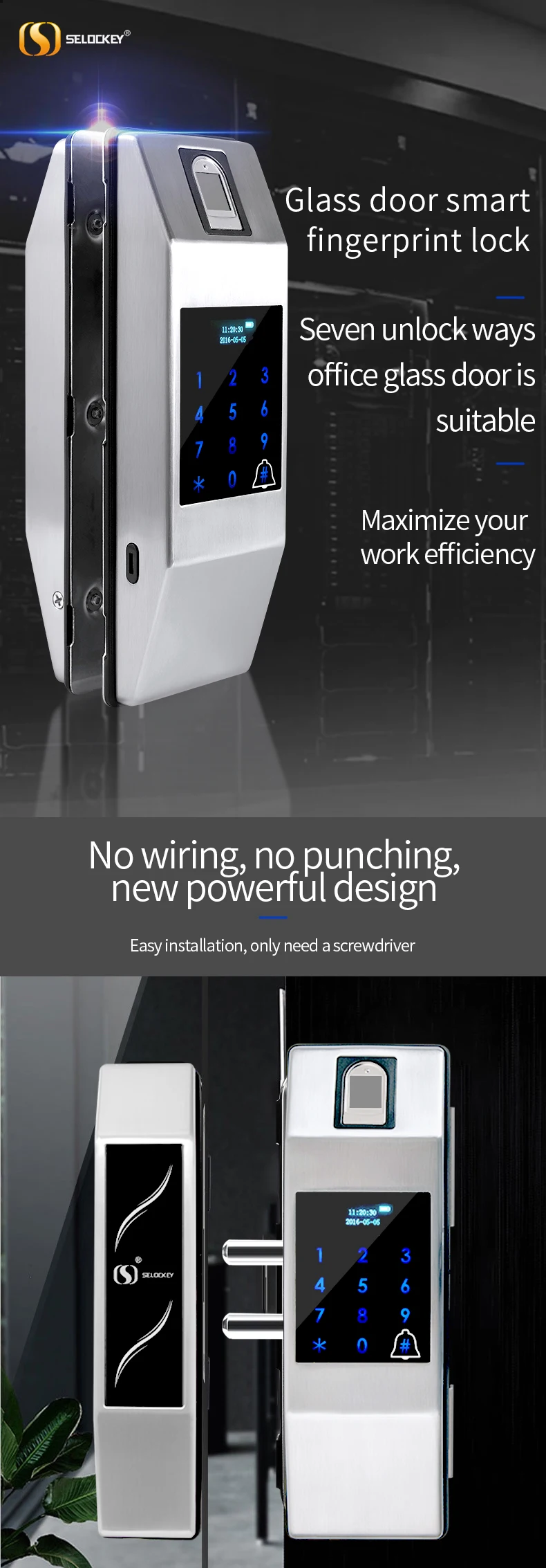 Fl21 Digital Frameless Glass Door Lock Bluetooth Fingerprint Tt Lock ...