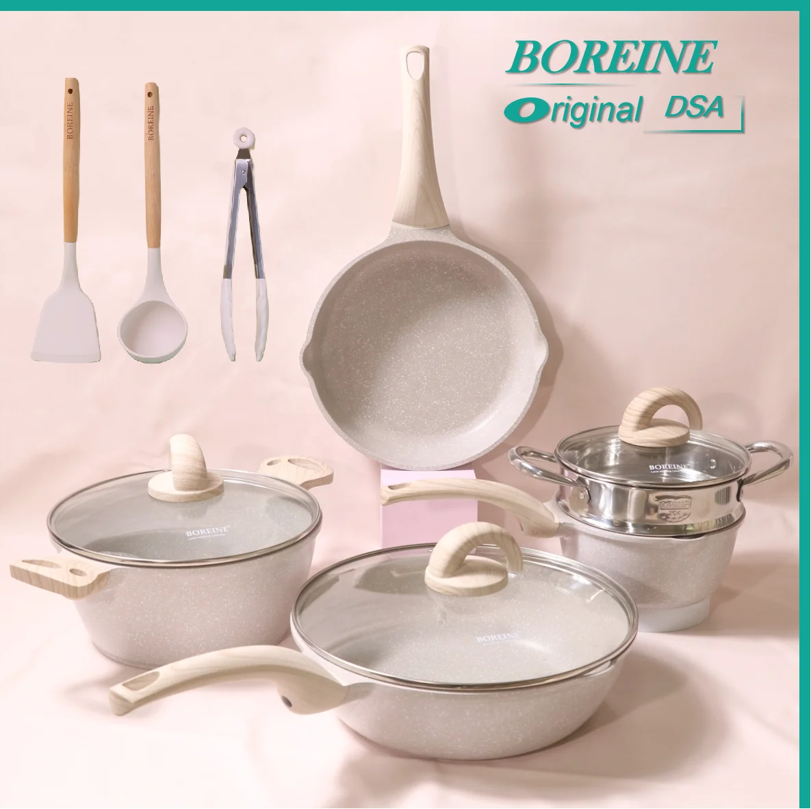 8 Pcs Beige Granite Non Stick Induction Die Cast Aluminium Cookware ...