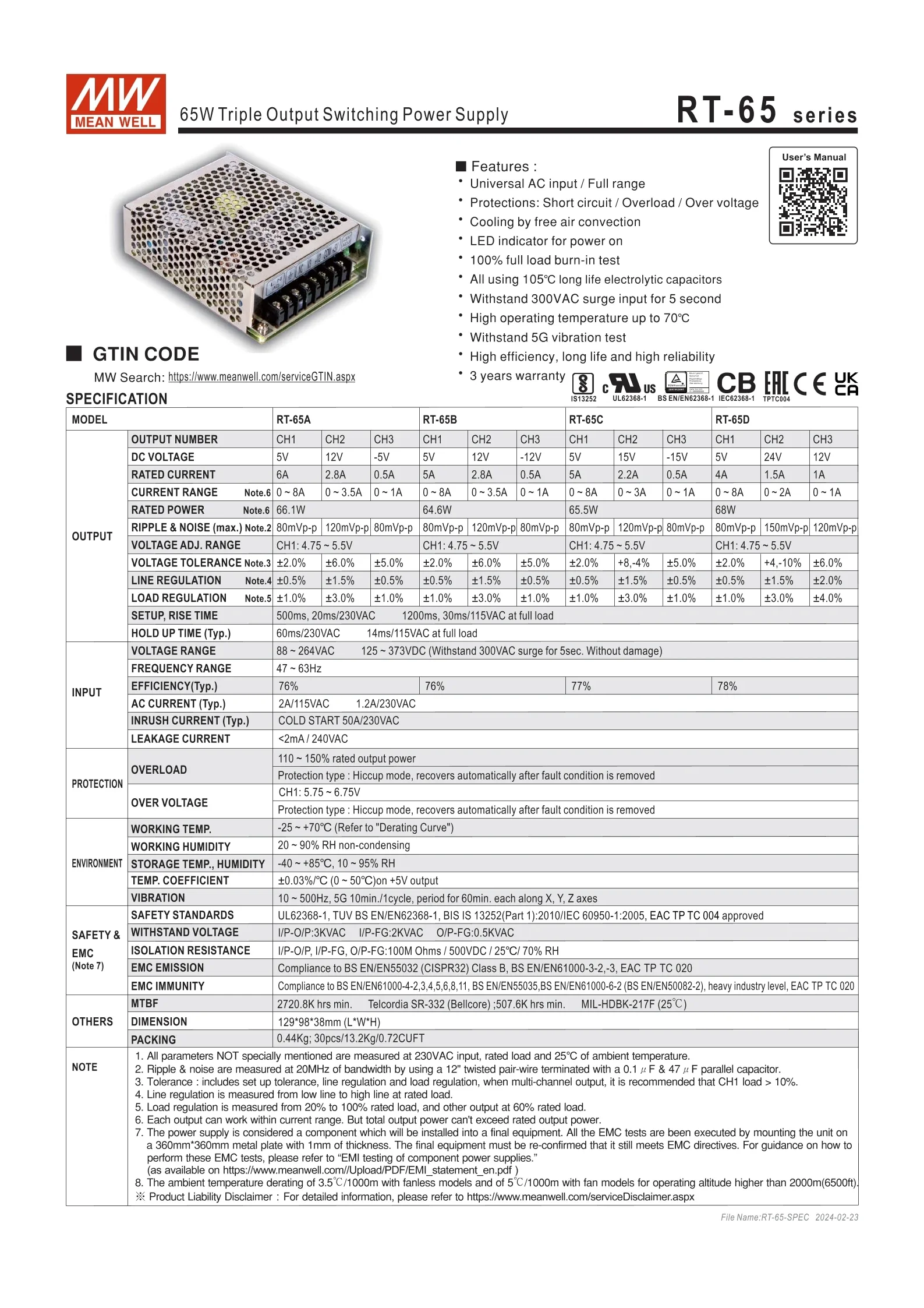 MEAN WELL 65W Triple Output Switching Power Supply RT-65A RT-65B RT-65C RT-65D| Alibaba.com