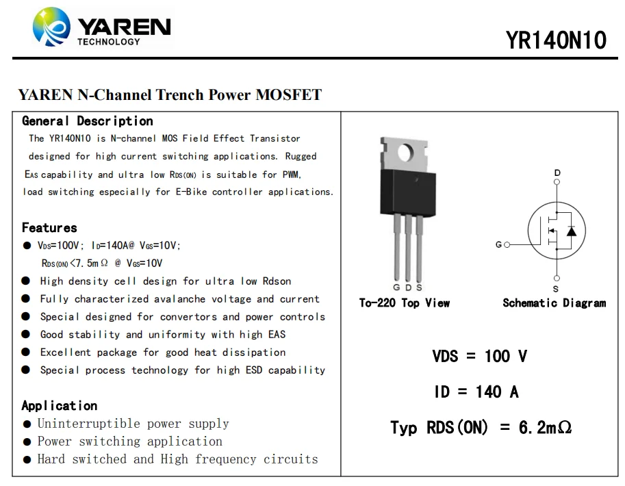 YR140N10 140A 100V TO220 Transistor Mofset - Reliable IC Chips