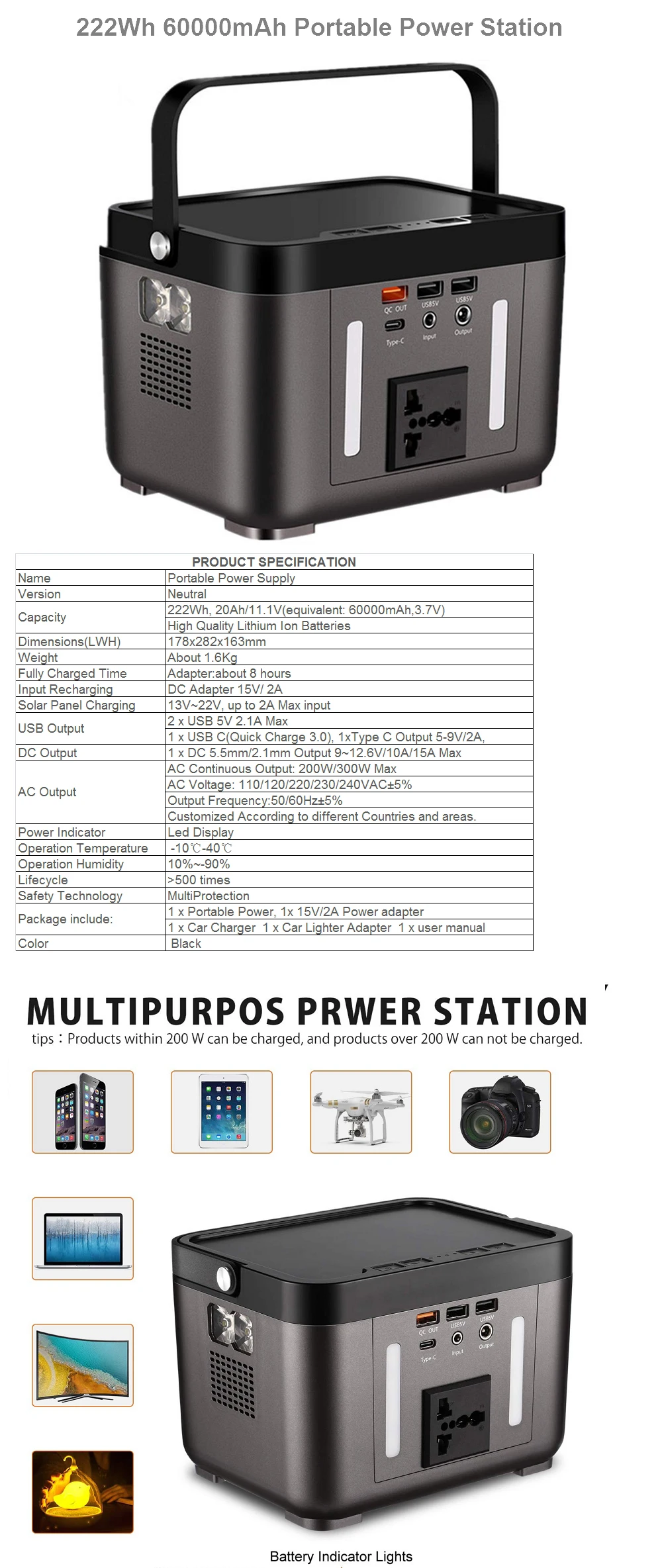 60000mah 200w Portable Power Bank Station Ac 110v 120v 220v 240v For ...