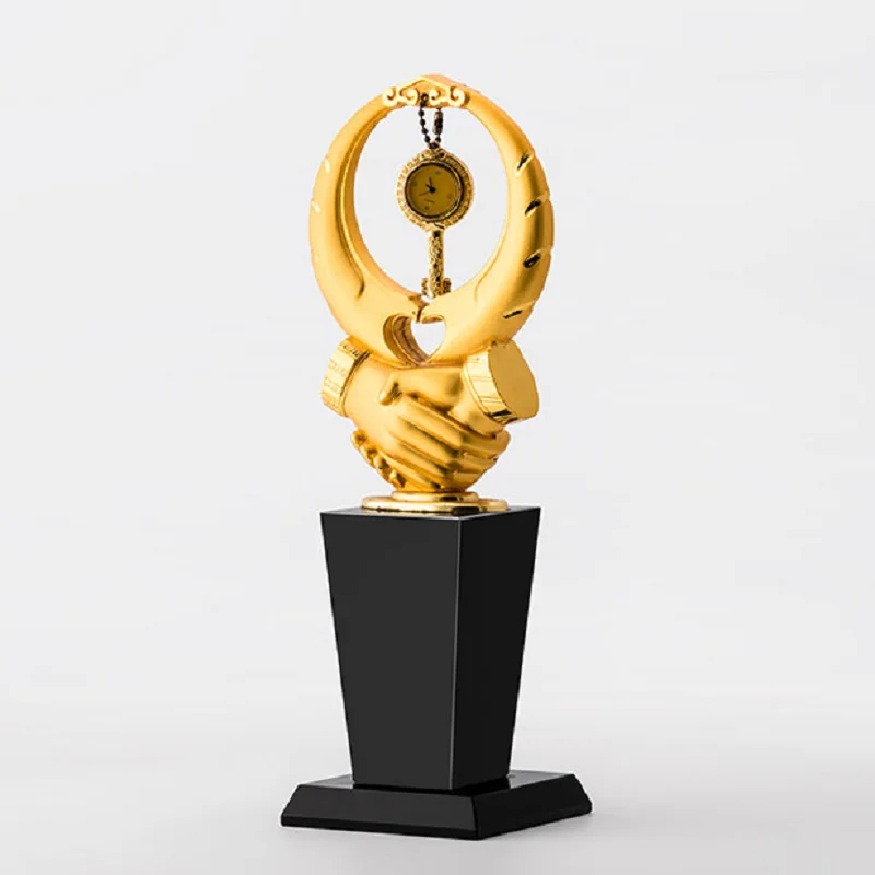 High Quality Gold Shake Hand Crystal Trophy with Clock