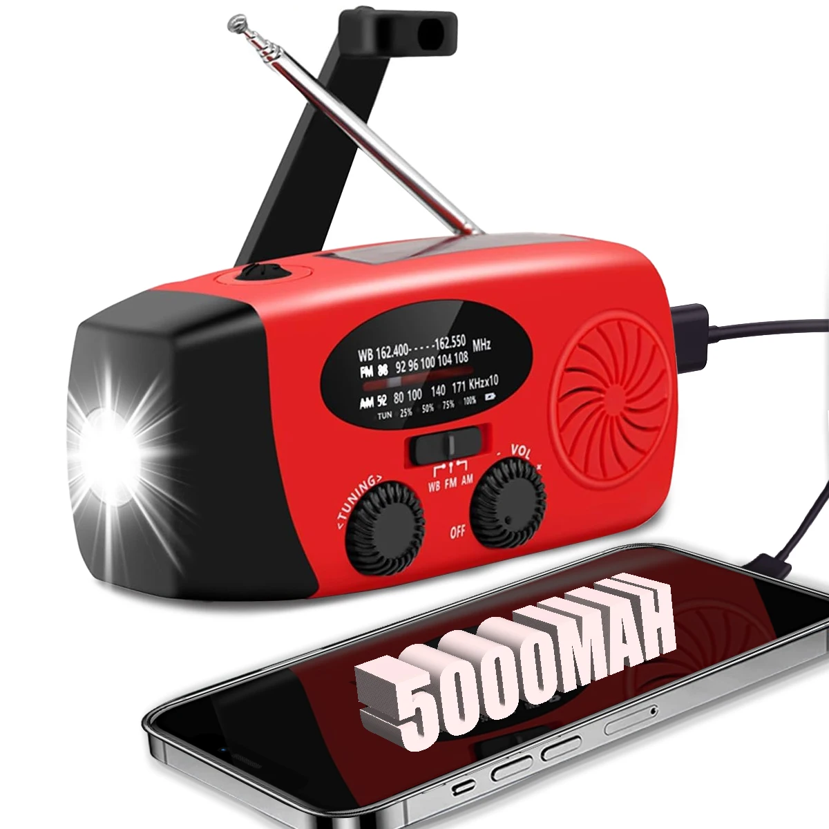 5000mAh Emergency Crank Weather Radio, NOAA/FM/AM Solar Radios ...
