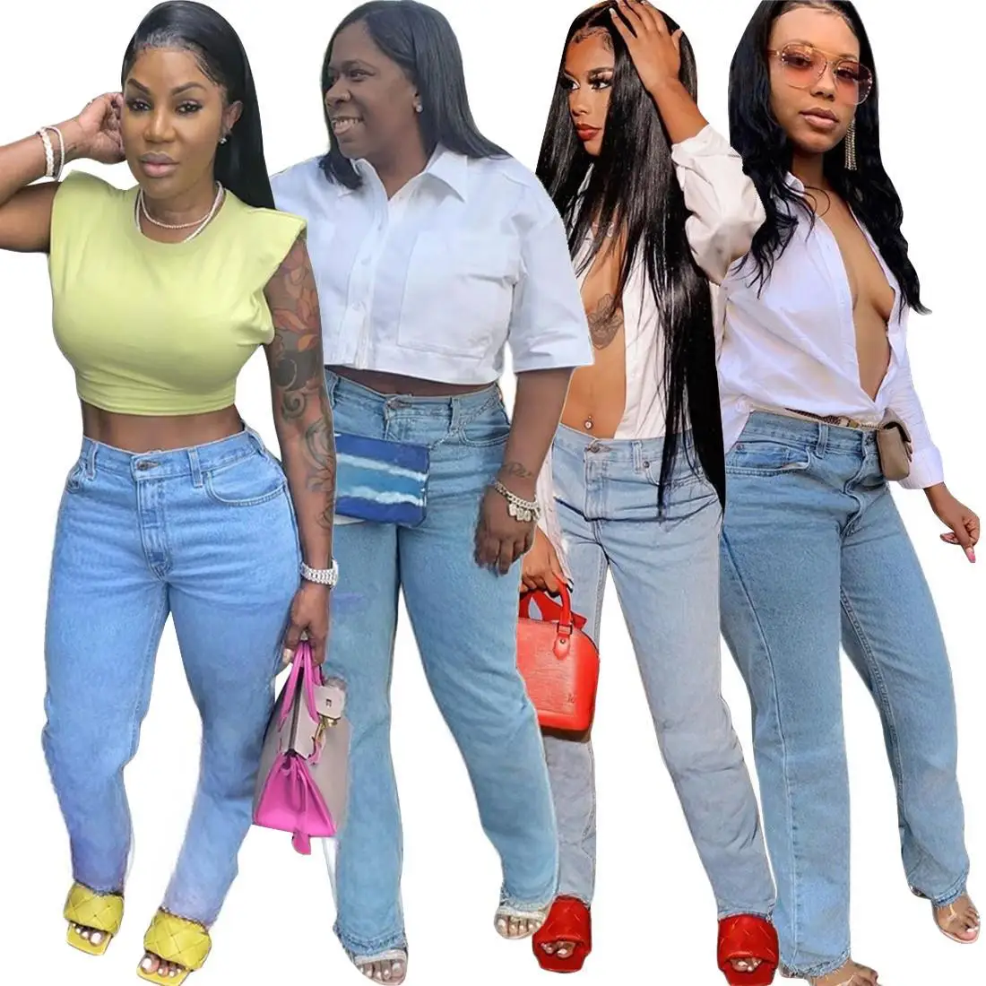 Women's Casual Joker Denim High Waist Blue Washed Straight-Leg Designer ...