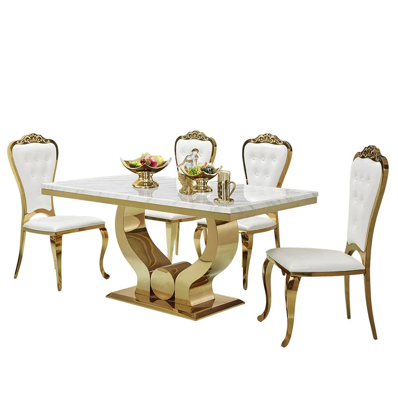 Stainless Steel Dining Table Set with Marble Base
