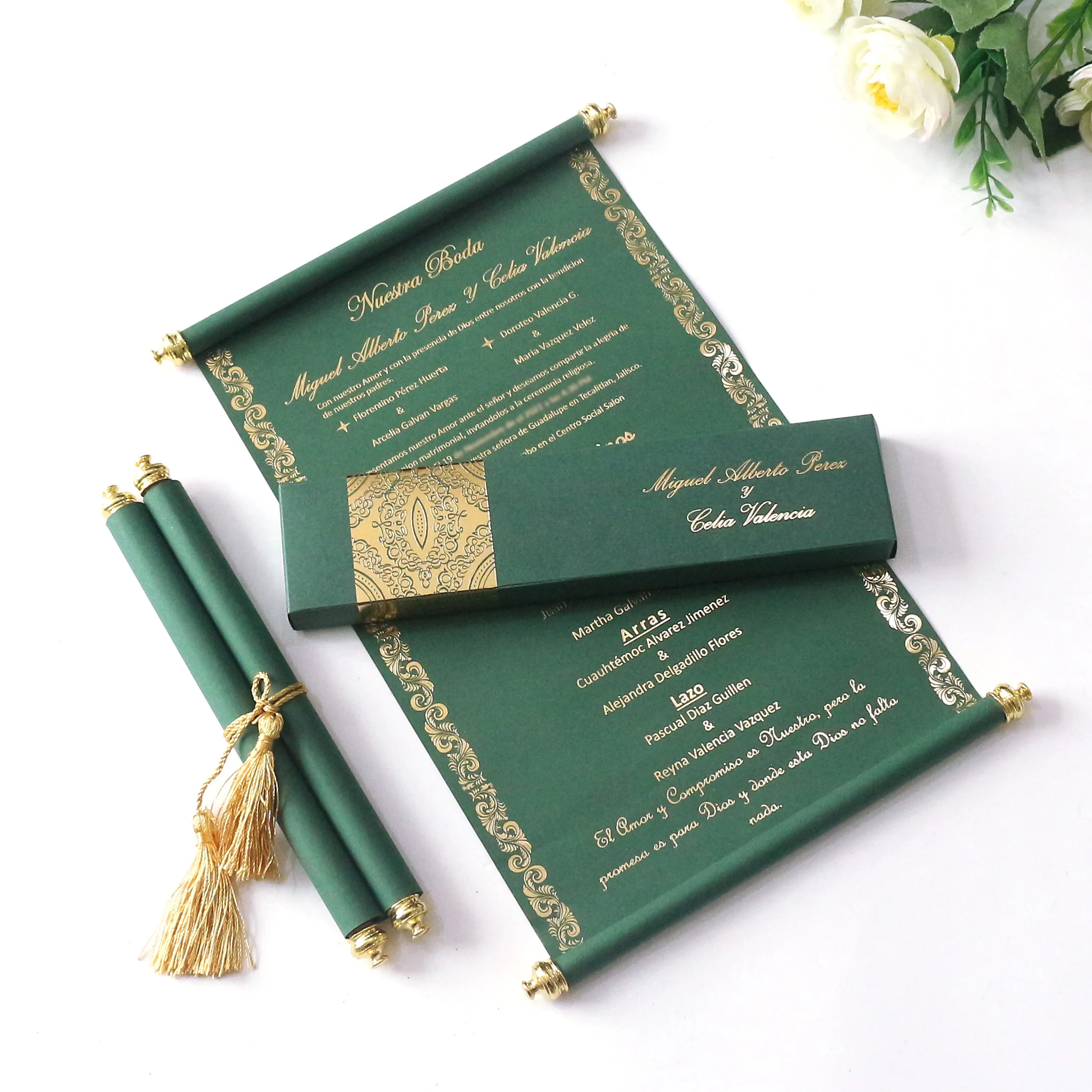 Creative Design Dark Green Scroll Paper Scroll Wedding Invitations ...