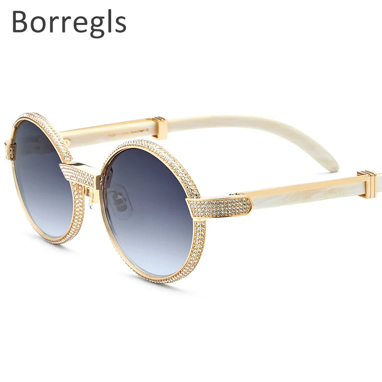 Borregls High Quality Buffalo Horn Sunglasses Men Round Luxury Diamond ...