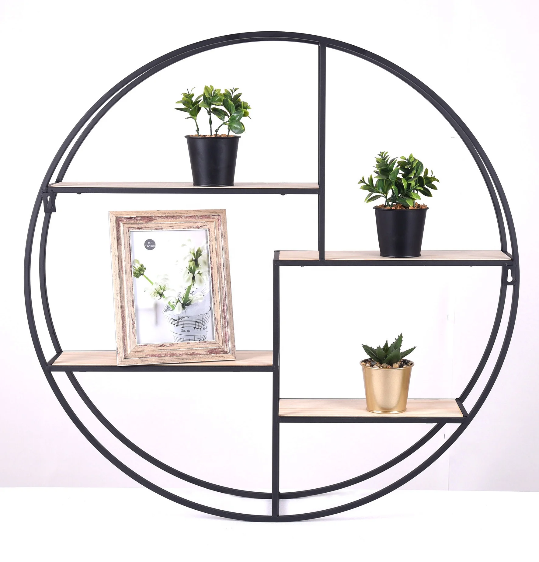 Modern Luxury Round Metal & Floating Wooden Wall Shelf Home Decor ...