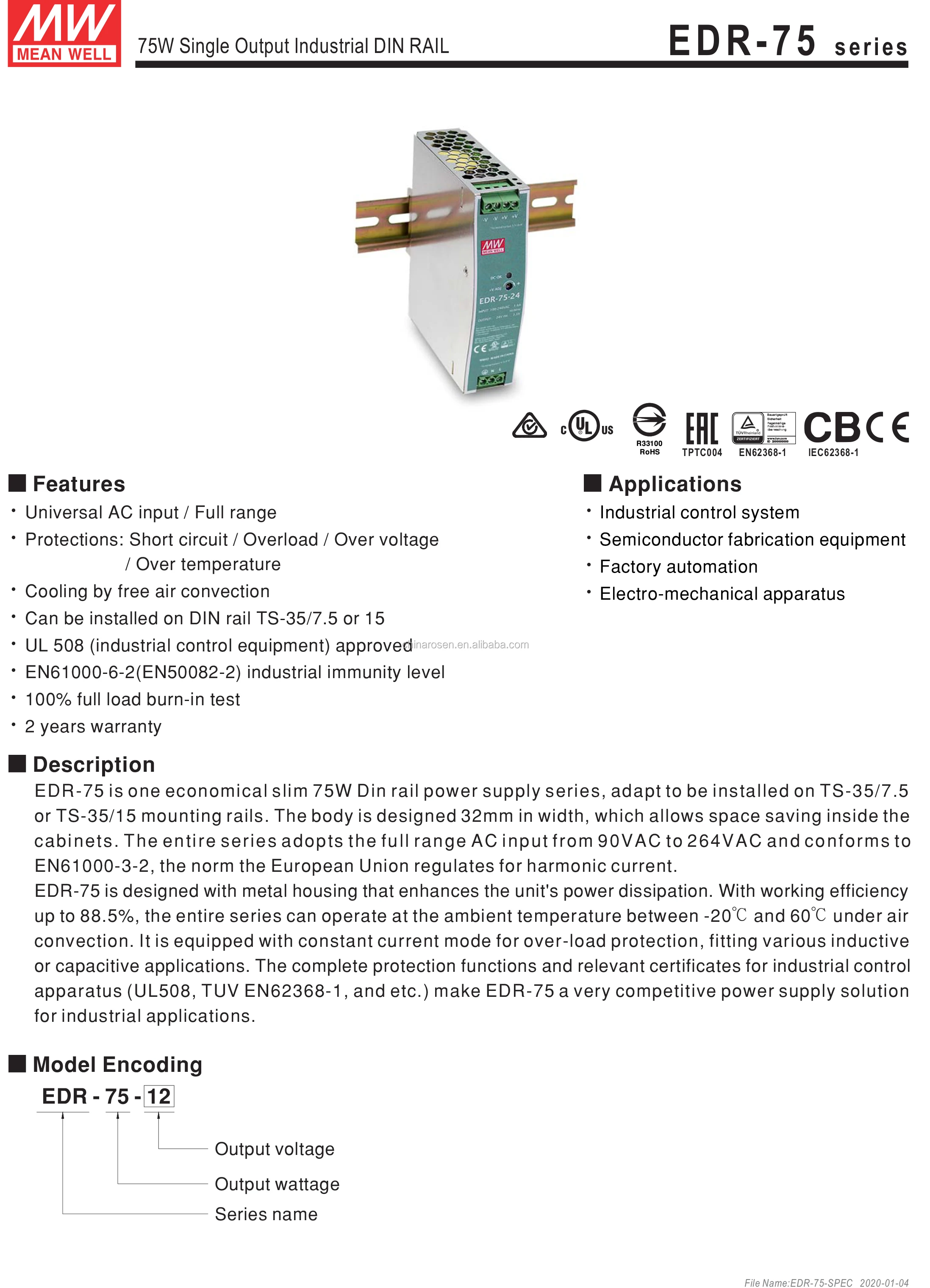 Edr-75 Series 75w 12v 24v 48v Ac-dc Smps Din Rail Smps Low Cost Mean ...