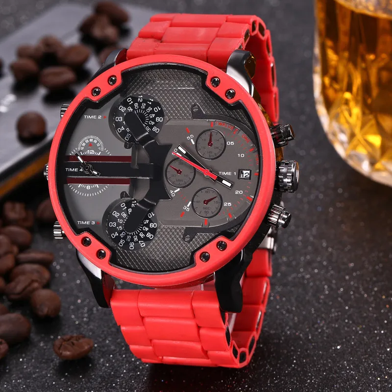 Brand Red Luxury Big Leather Watch Men Dual Time Display Quartz Wrist ...