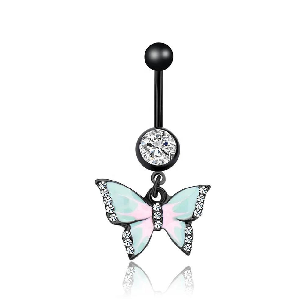 Colour Butterfly Crystal Belly Bar Surgical Steel Button Body Piercing Navel Dripping Butterfly ...