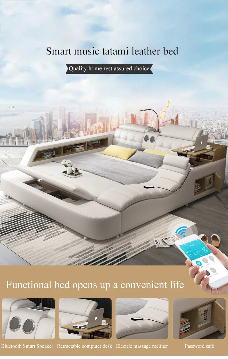 Smart Leather Bed - Stylish & Functional Double Bed