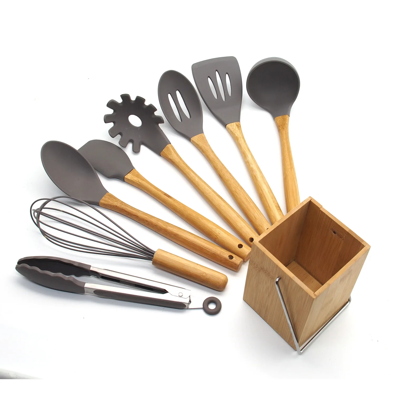 Mu New Bamboo Handle Silicone Kitchenware Set With Kitchenware Bucket ...