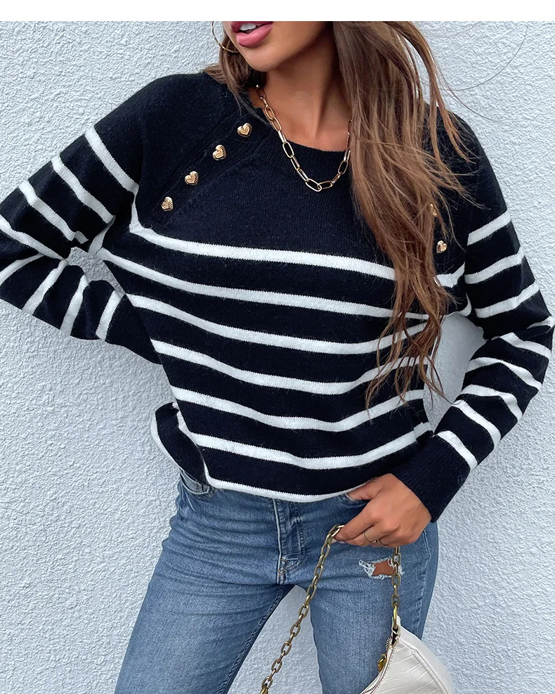New Design Women's Pullover Sweater Tops Striped Knitwear Shoulder ...