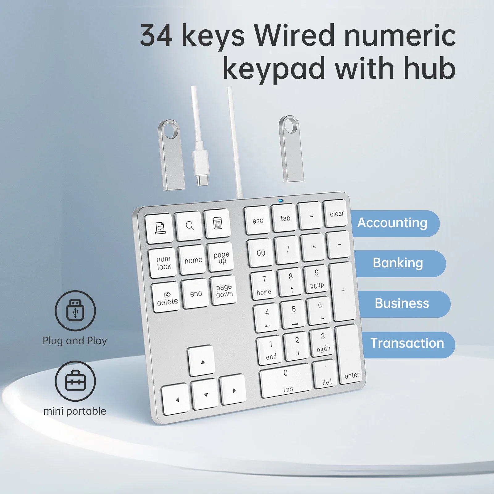 Office Small Numpad Gray Keyboard Numeric Finanical Keyboard ABS 34 Keys Portable USB Wired ...