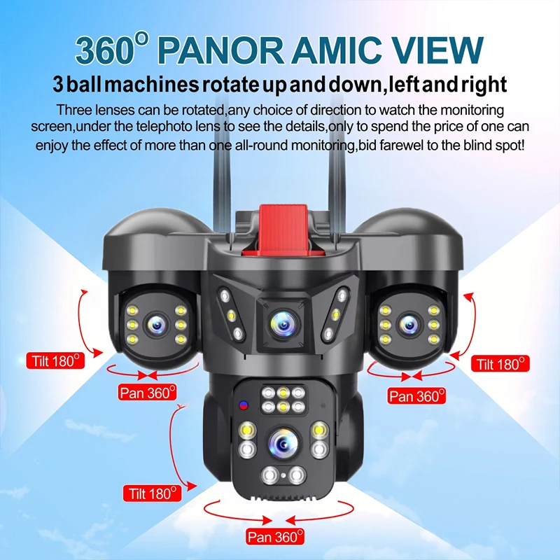 Triple Lens Outdoor Surveillance Camera - 24/7H Recording