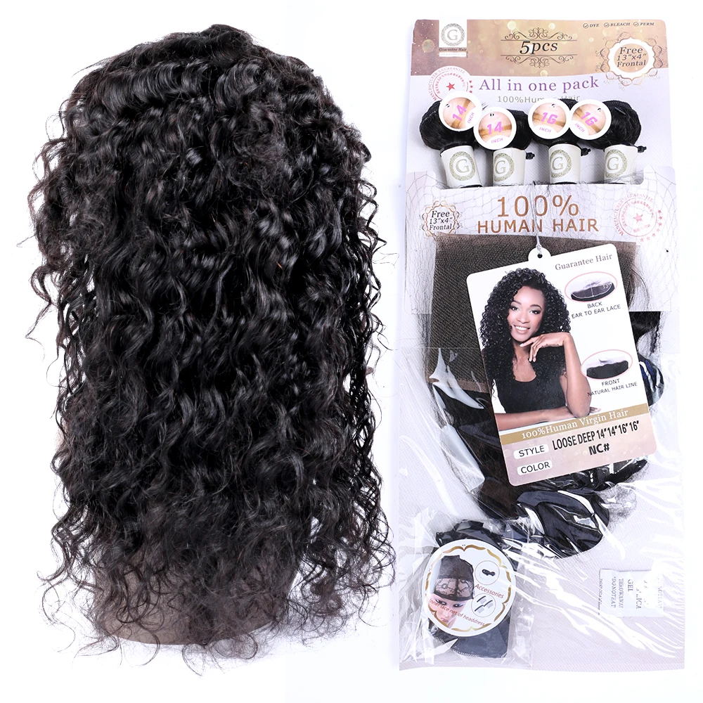 Packet Hair Loose Deep 100 % Human Hair 4 Bundles And One Free Frontal ...