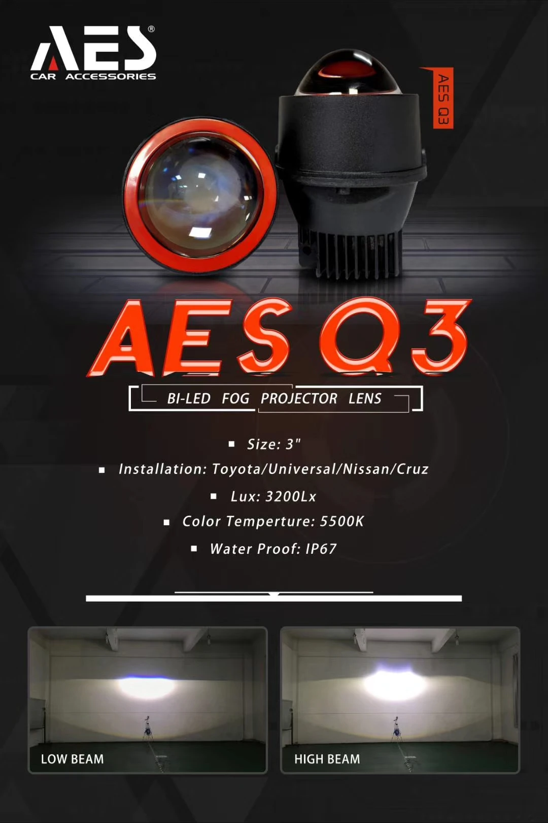 AES Q3 LED Fog Lights - 3.0inch Blue Tint Lens 5500K 36W