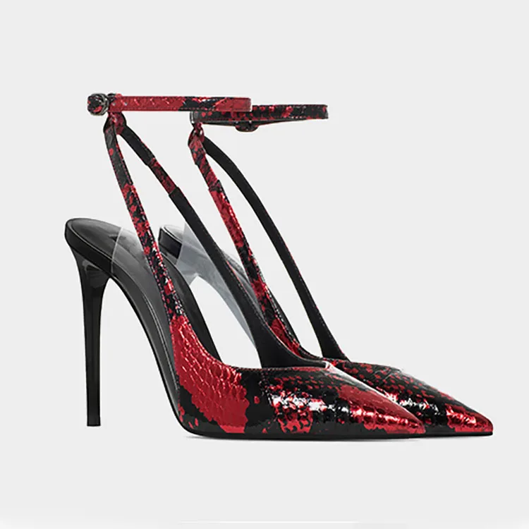 Snake Print Heels Shoes Red Color Snake Genuine Leather Snakeskin Ankle ...