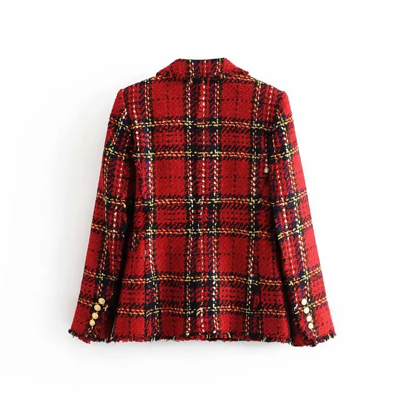 Wt144 Women Elegant Red Plaid Tweed Blazer Coat V Neck Buttons Tassels ...