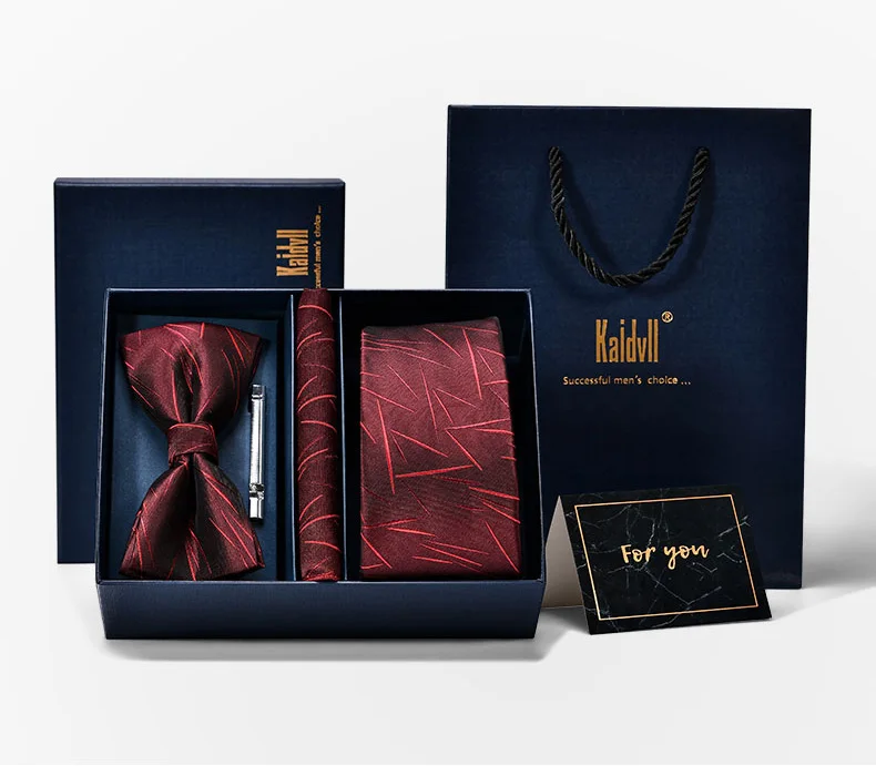Gift Box Necktie Set - Red Bow Tie & Pocket Square Tie Clip