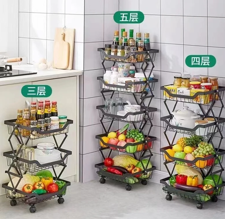 3/4/5 Tier Collapsible Metal Wire Storage Pantry Baskets with Wheels ...