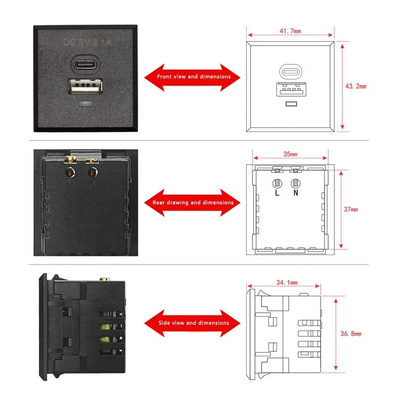 Wall Socket With Type C DC5V 2.5A 3.5A QC Charge Mobile Phone Laptop ...