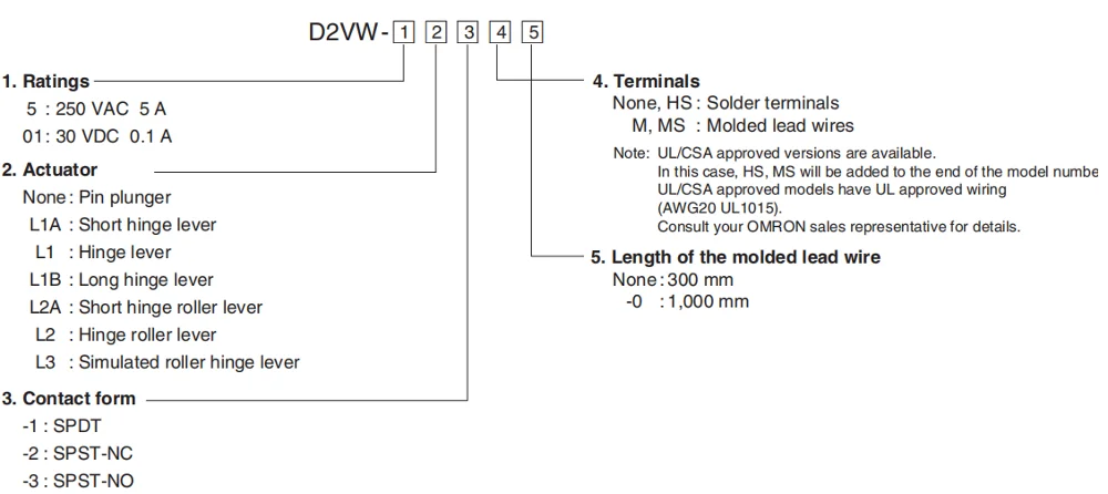 250vac 5a Spdt Micro Basic Switch D2vw-5l2a-1m With Molded Lead Wires ...