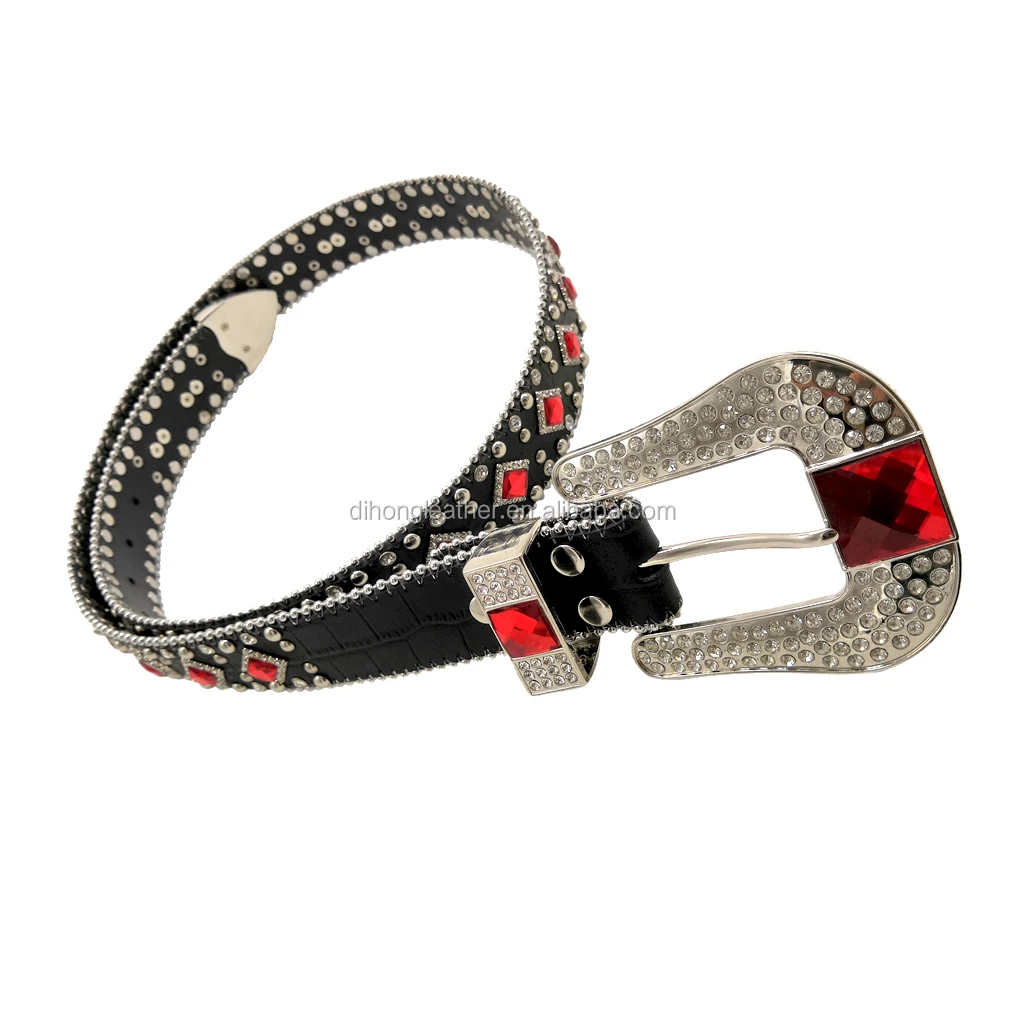 Womens Rhinestone Western Cowgirl Bling Ruby Leather Black Belt With ...
