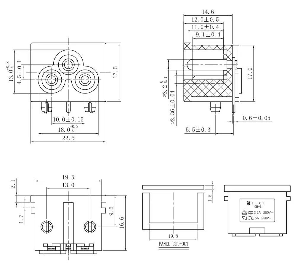 DB-6 Black 3 Pin IEC320 C6 Inlet Plug Power Socket AC 2.5A 250V