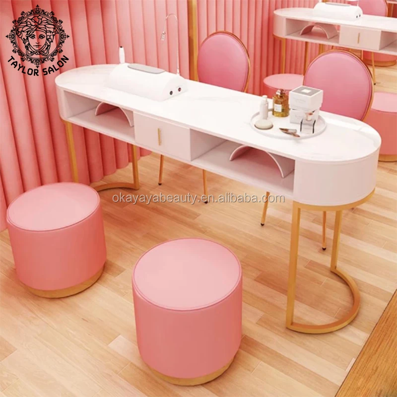 European Manicure Table Design Metal Nail Table And Chair Set Pink Nail ...