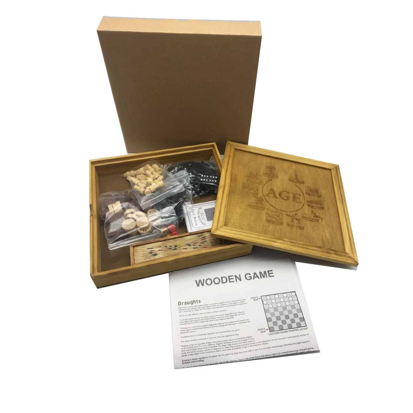 Wooden Box 6 In 1 Game Set Includes Chess,Checkers,Backgammon,Domino ...