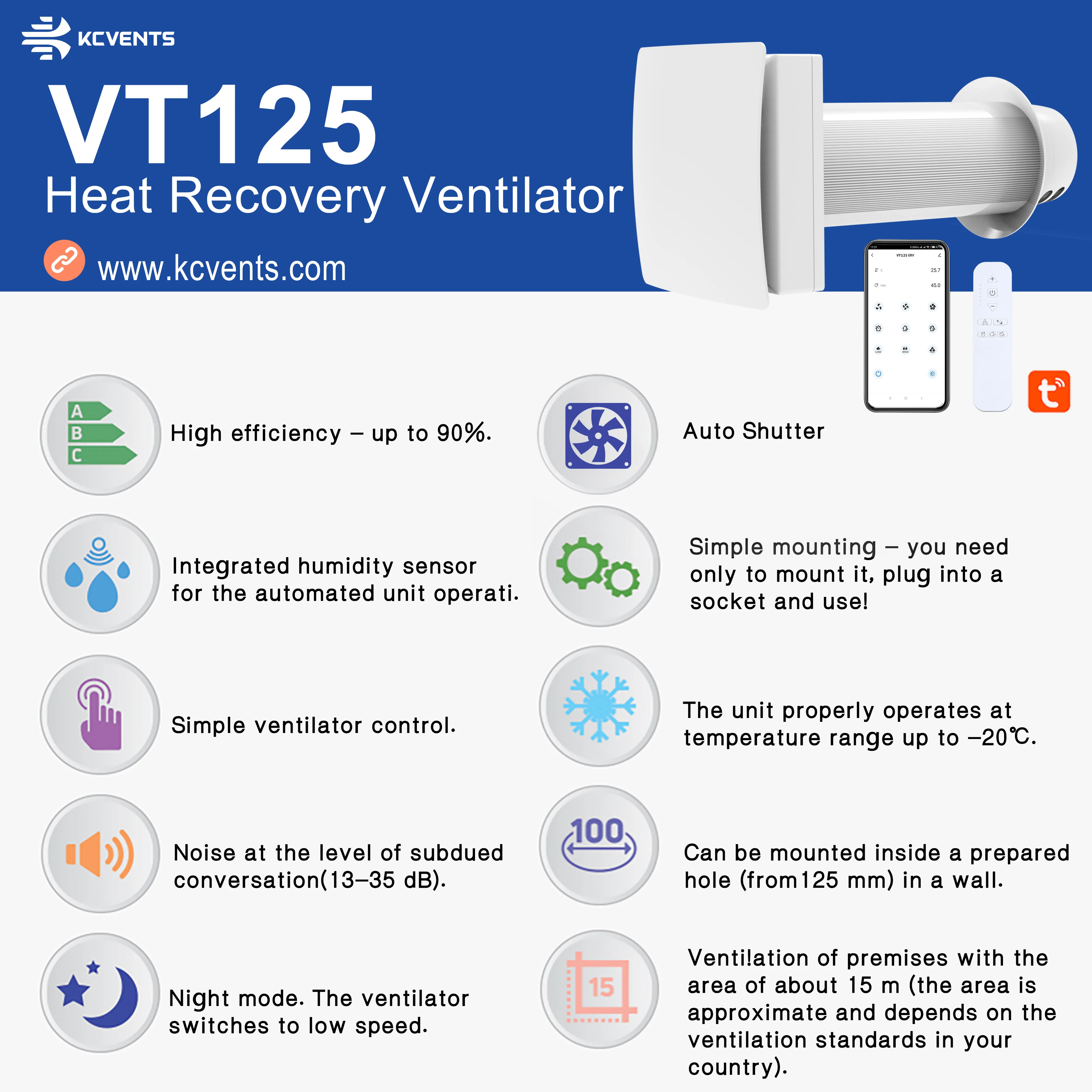 125mm Ductless Heat Recovery Unit - KCVENTS VT125 Regenerator