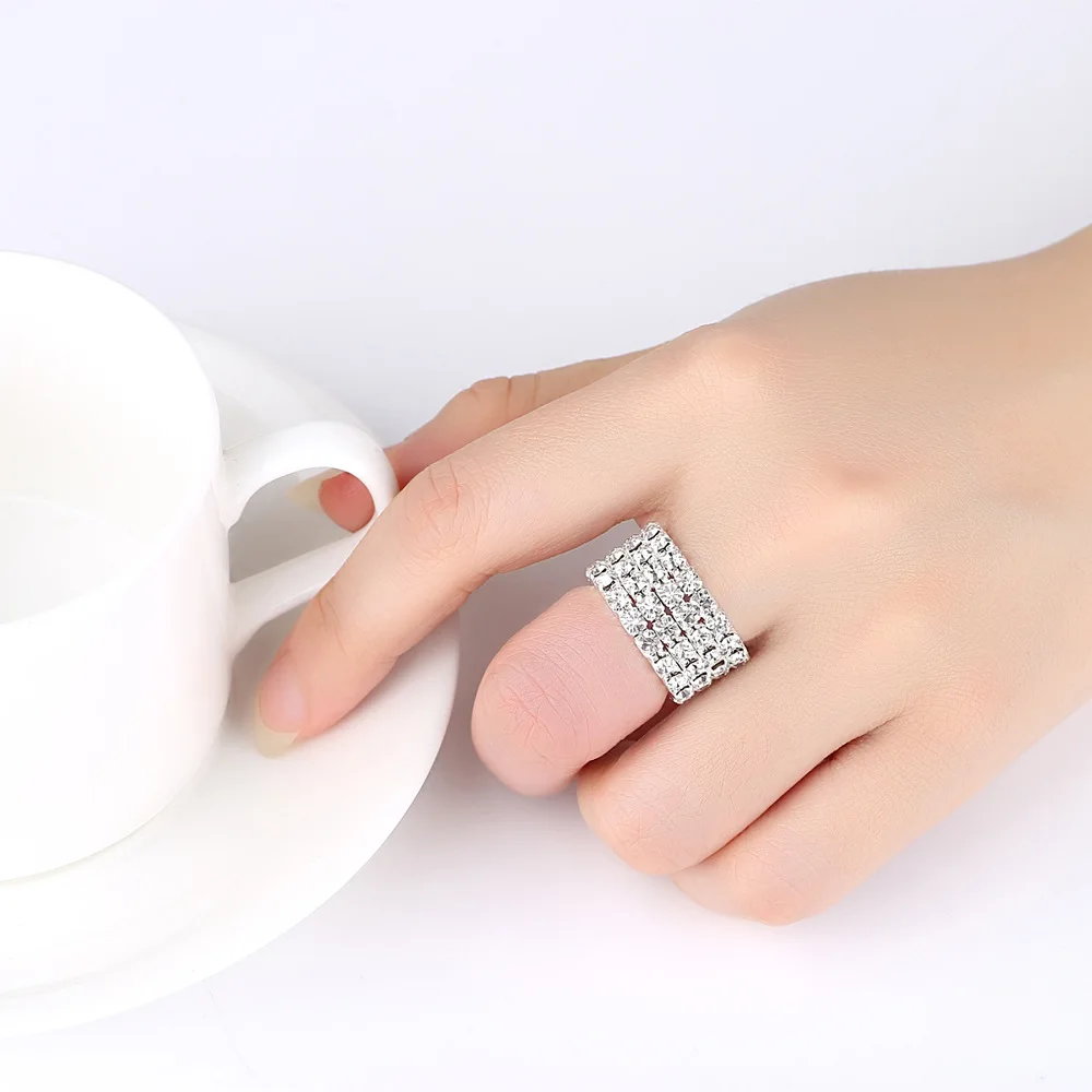 Silver Layered Round Full Rhinestone Stretch Ring For Lady Fashion ...