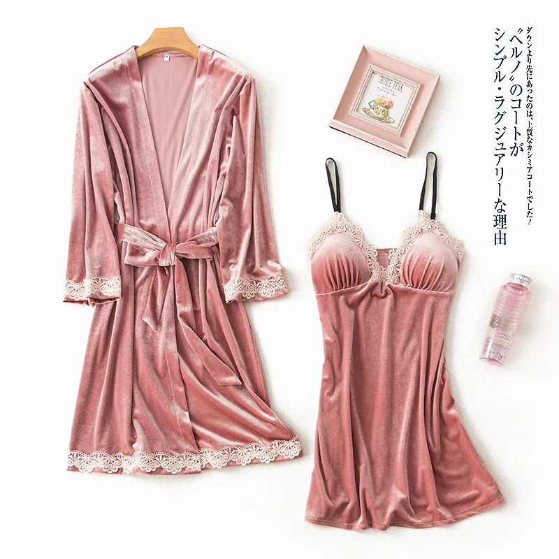 Wholesale Bata De Dormir Sexy - Velvet Robe Set with Lace