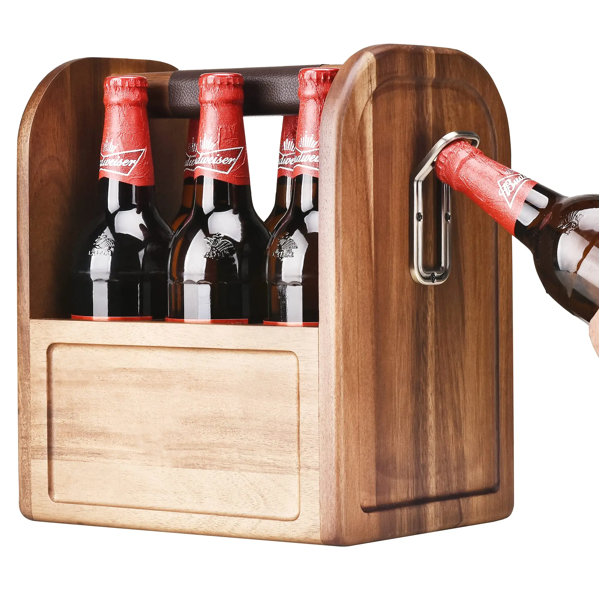 Acacia Wood 6-Bottle Beer Caddy with Bottle Opener Handle Divider ...