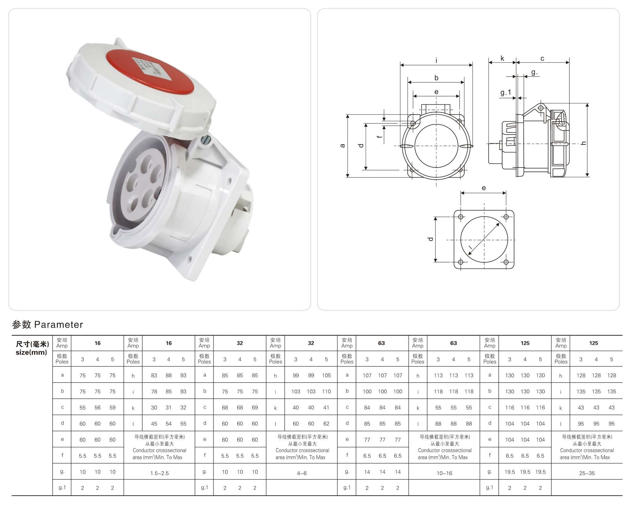 32 Amp 4 Pin 440v IP67 Industrial Power Socket for Reefer