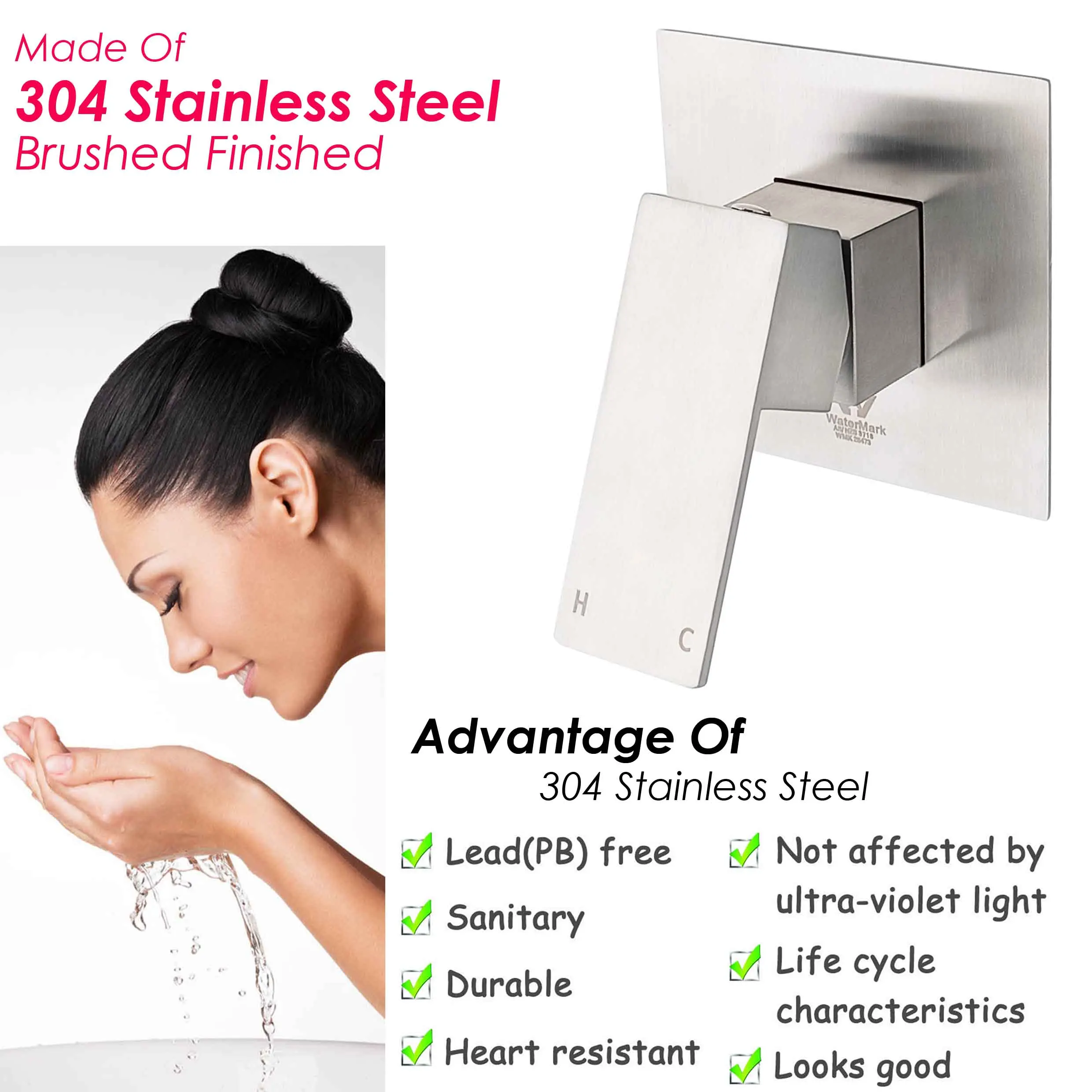 Watermark Brushed Steel Square Valve Concealed Wall Mixer Shower Faucet ...