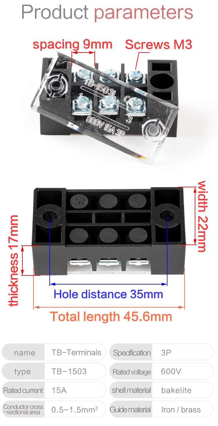 Tb Series Black Double Row Fixed Fence Screw Terminal 1503 Terminal Brass Conductor 15a 3p 600v ...