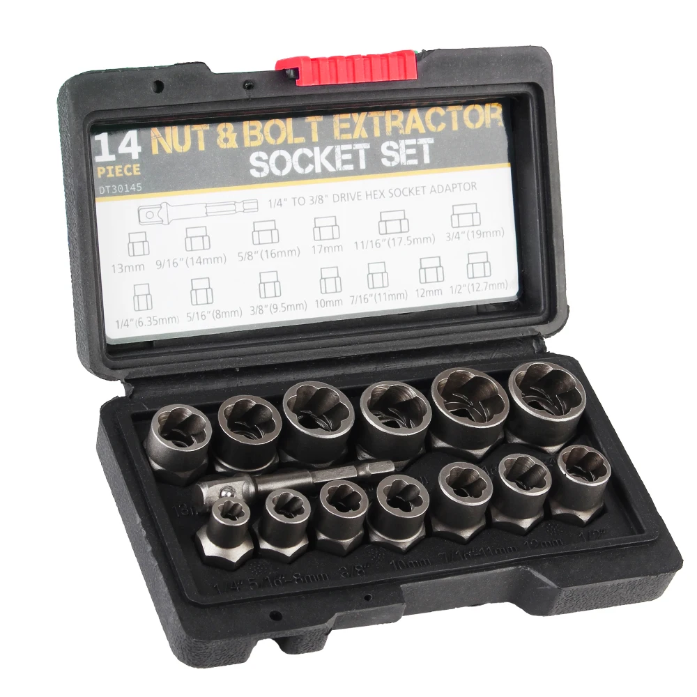 6.35mm-19mm Bolt Nut Remover Socket Set Car Tool Kit Damaged Screw Extractor 14pcs Cr-Mo Steel ...