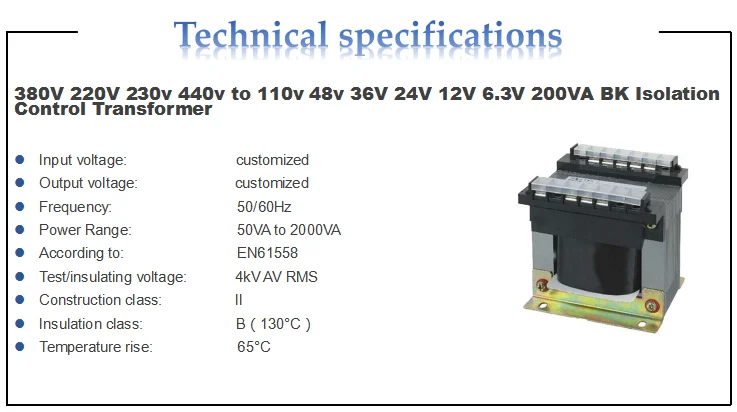 BK Isolation Control Transformer - 380V to 110V Customized