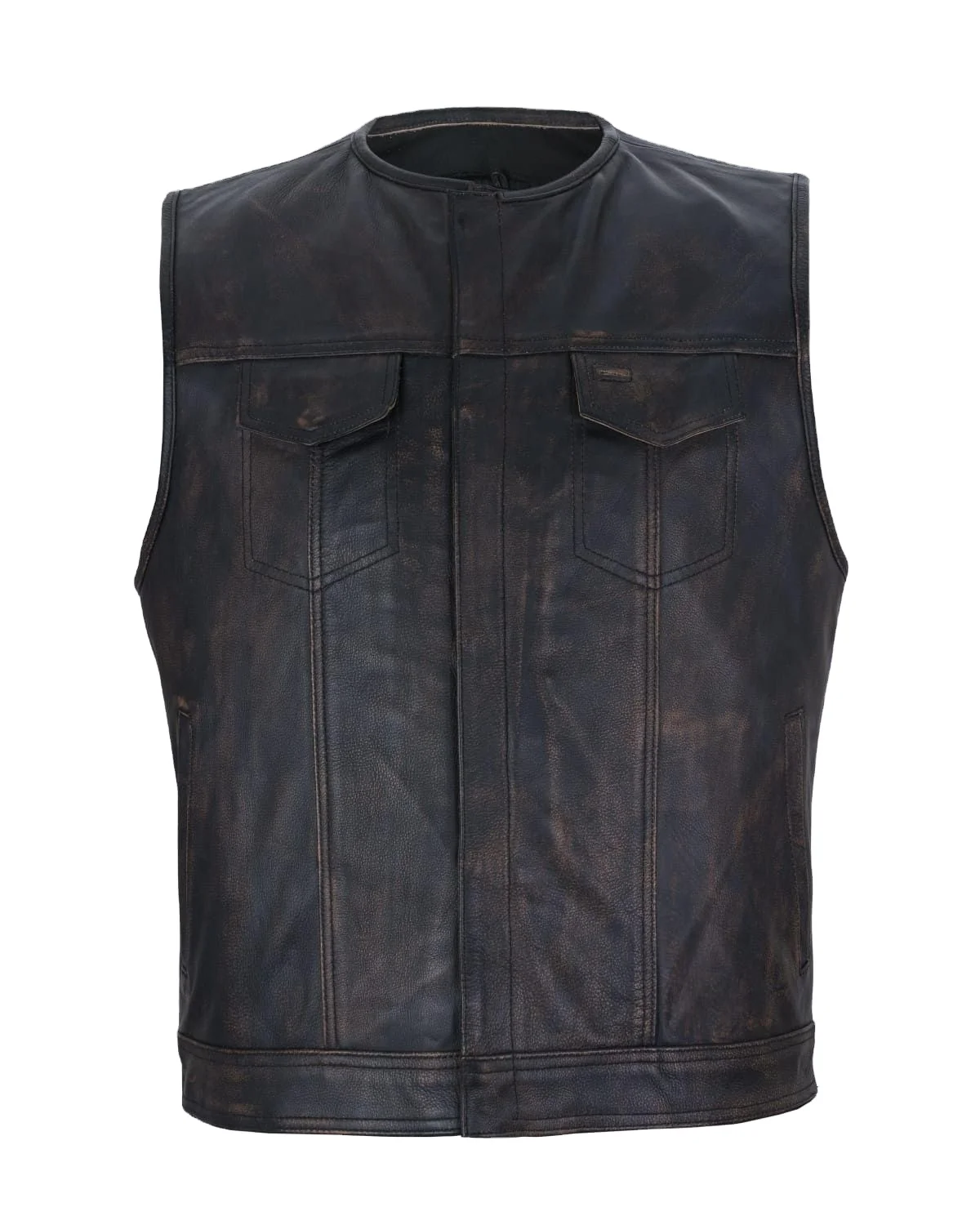 Mens Distressed Brown Club Leather Vest Black Liner Zipper & Snaps ...