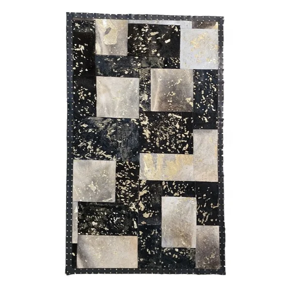 Acid Washed Black Pure Real Cow Leather Hair On Handmade Patchwork Gold ...