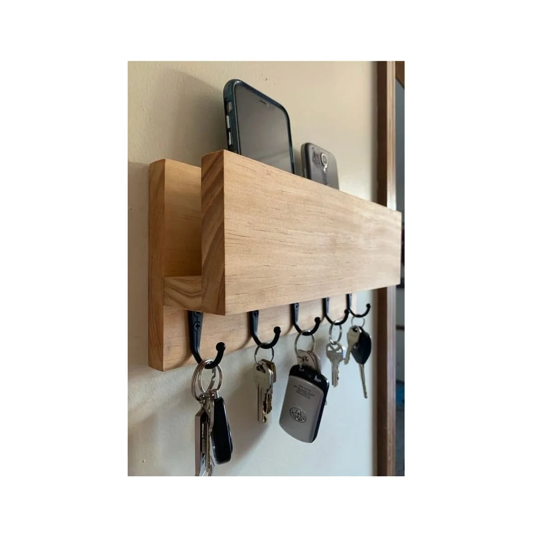 Wooden Wall Mount Entryway Organizer Key And Mail Holder Phone Storage ...