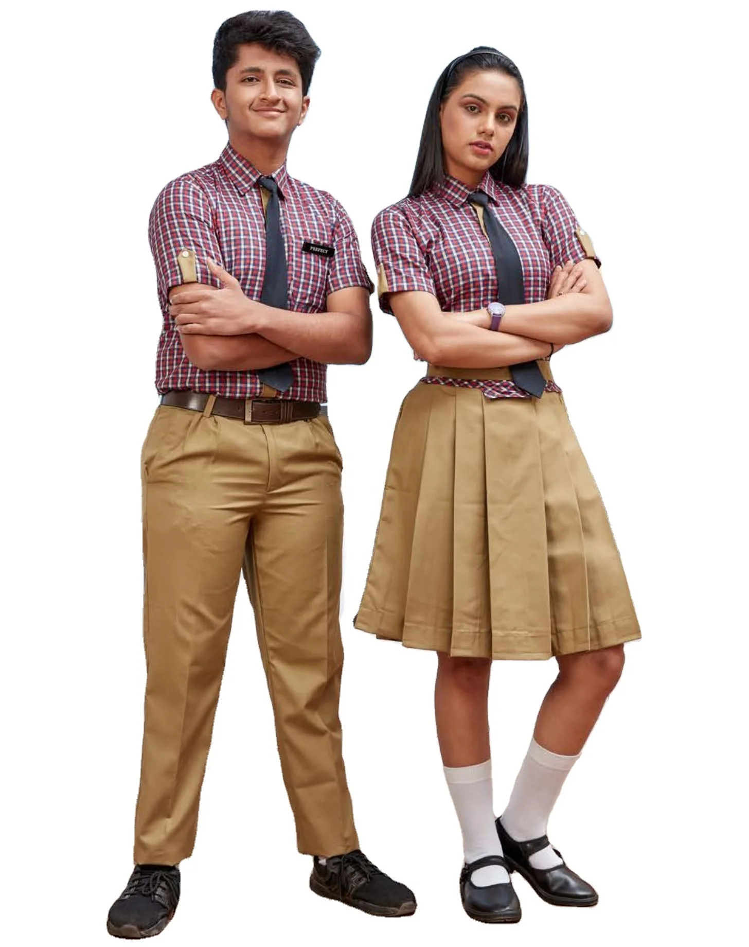 Unisex High School Uniform Set for Students Short Sleeve Plaid Shirt ...